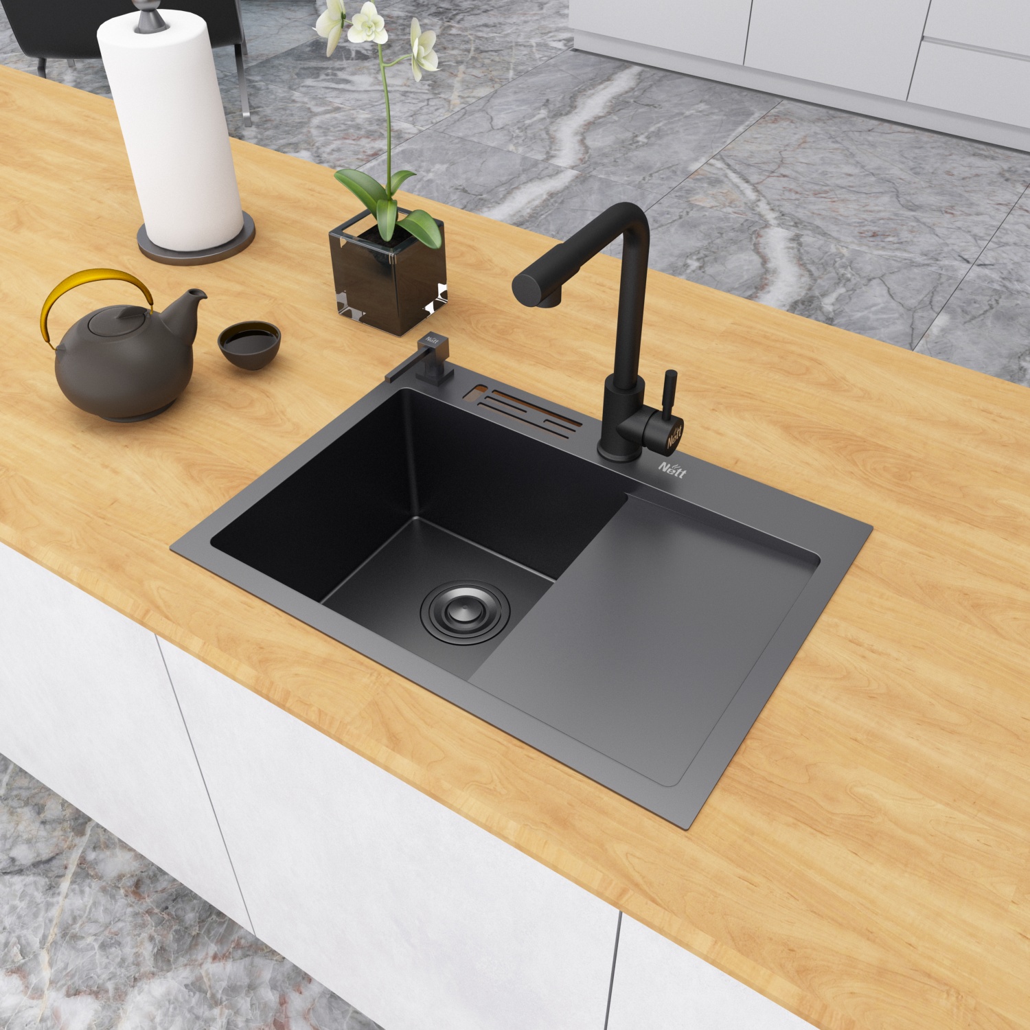 Черная раковина на кухню с правое крылом Nett NB-6045(R) - купить по ...